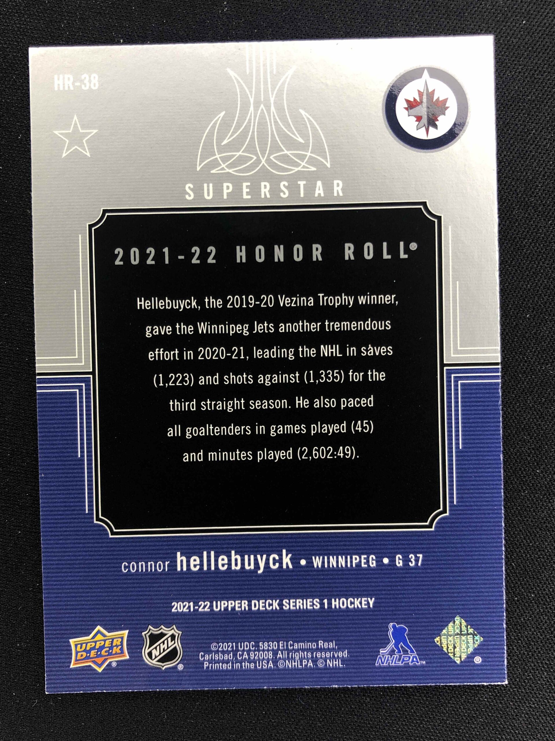 2021/2022 Upper Deck Series 1 Honor Roll HR-38 Connor Hellebuyck Inzert ...