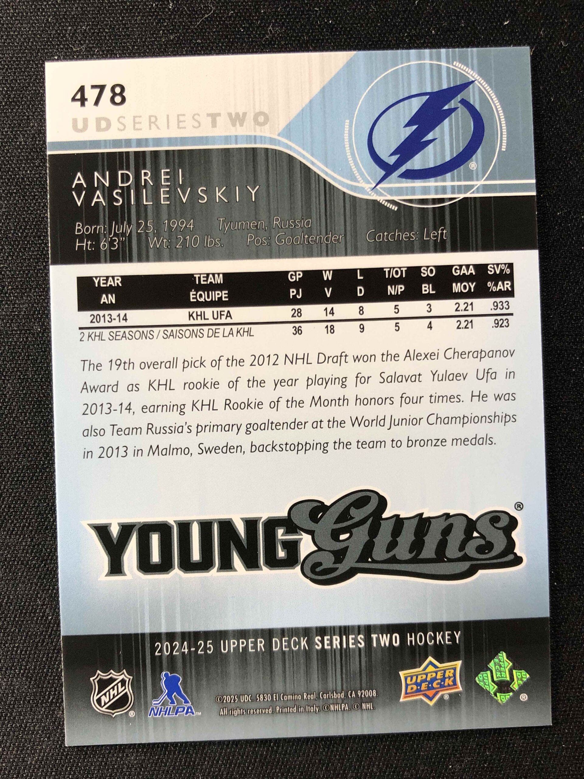 2024/2025 Upper Deck Series 2 Young Guns Renewed 478 Andrei Vasilevskiy ...