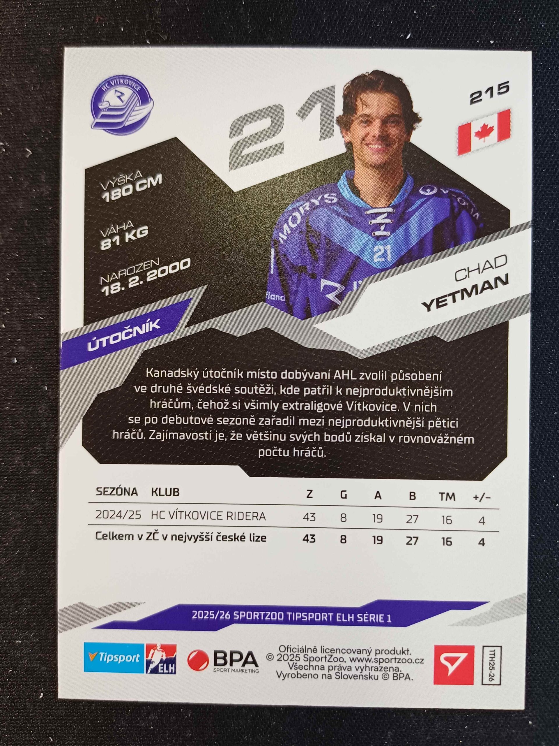 2025/2026 Sportzoo Serie 1 Base 215 Chad Yetman – WHC Karty, s.r.o.