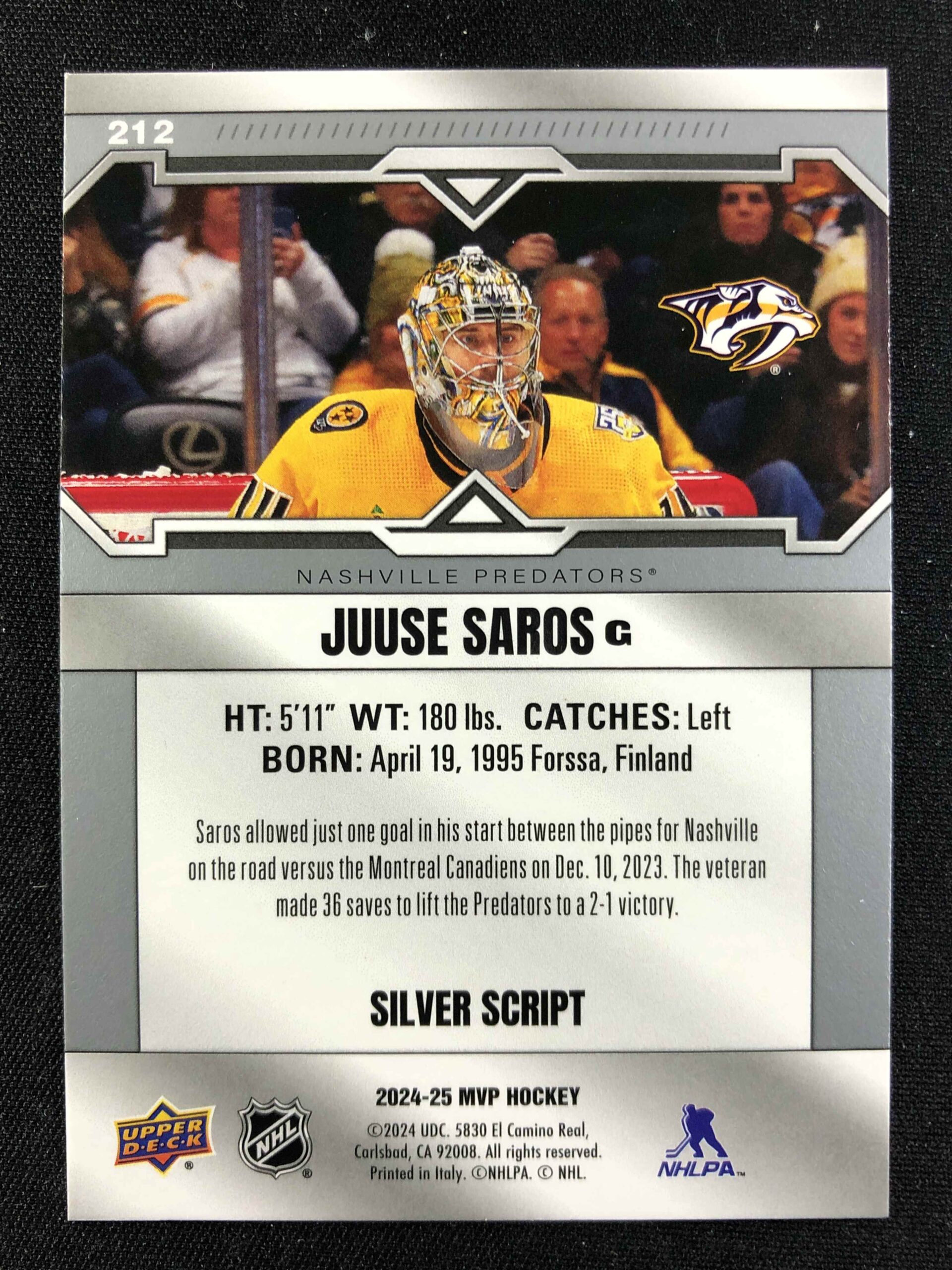 2024/2025 Upper Deck MVP Silver Script 212 Juuse Saros Paralel – WHC Karty