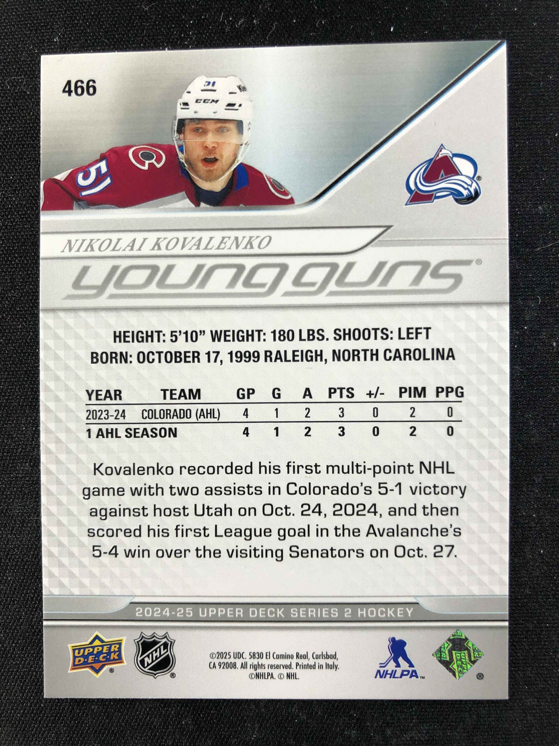 2024/2025 Upper Deck Series 2 Young Guns 466 Nikolai Kovalenko Inzert ...