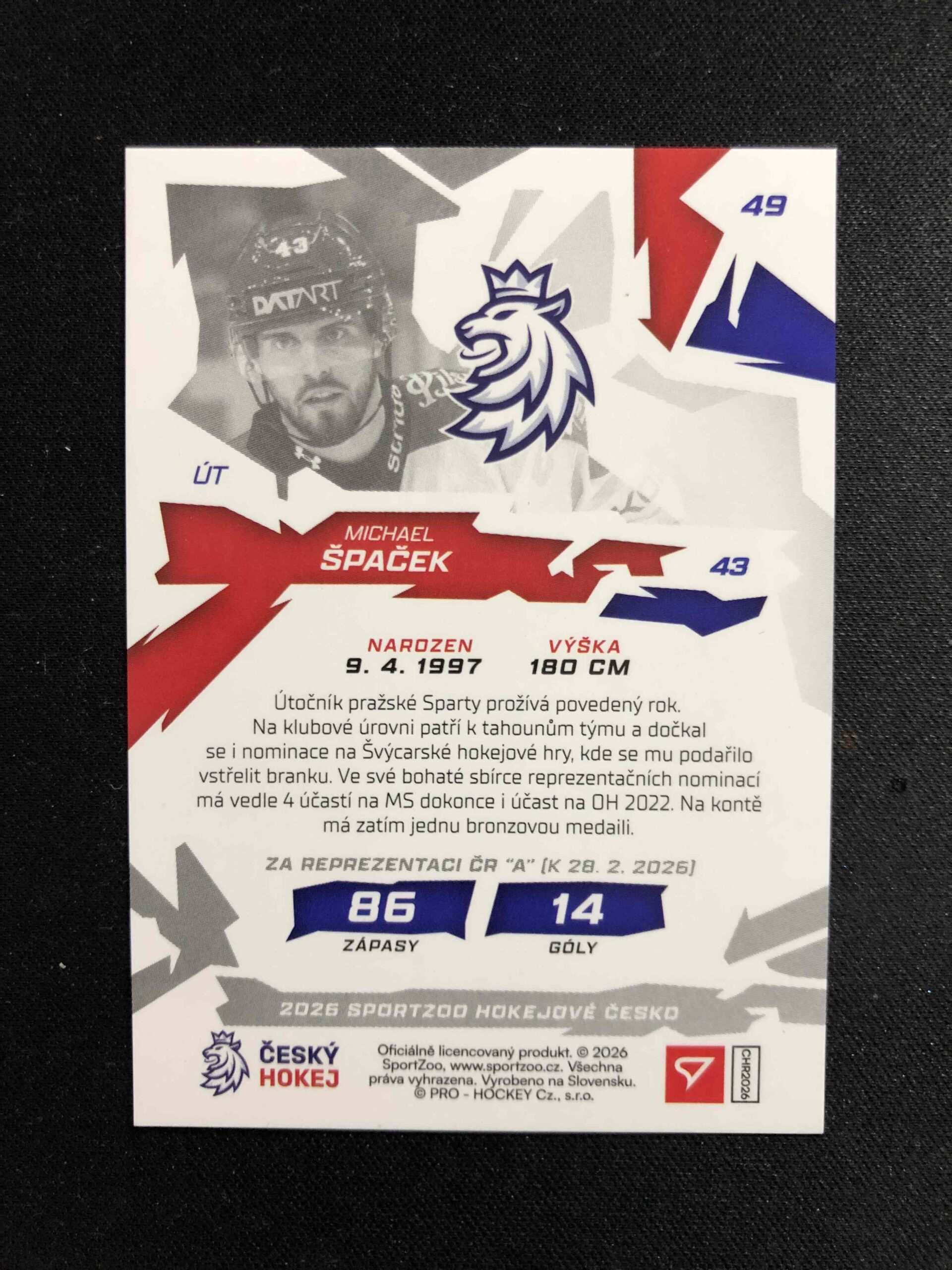 2026 Sportzoo Hokejové Česko Cobalt Blue 49 Michael Špaček Paralel 33/ ...